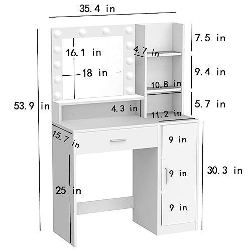 Palimder Vanity Dresser with Mirror & Light, Large Drawer & Three Level Storage Dresser, 3 Lighting Modes Adjustable Brightness, Bedroom Dressing Table (White)