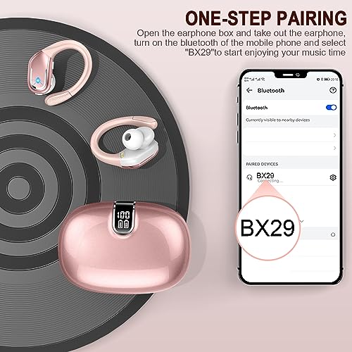 Wireless Bluetooth Earbud Sport, Bluetooth 5.3 Headphones with Noise Cancelling Mic, 90H HiFi Stereo Over Ear Earbud with LED Display and USB-C, IP7 Waterproof Earphones, Button Control, Rose Gold