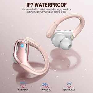 Wireless Bluetooth Earbud Sport, Bluetooth 5.3 Headphones with Noise Cancelling Mic, 90H HiFi Stereo Over Ear Earbud with LED Display and USB-C, IP7 Waterproof Earphones, Button Control, Rose Gold