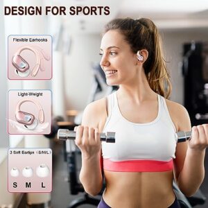 Wireless Bluetooth Earbud Sport, Bluetooth 5.3 Headphones with Noise Cancelling Mic, 90H HiFi Stereo Over Ear Earbud with LED Display and USB-C, IP7 Waterproof Earphones, Button Control, Rose Gold