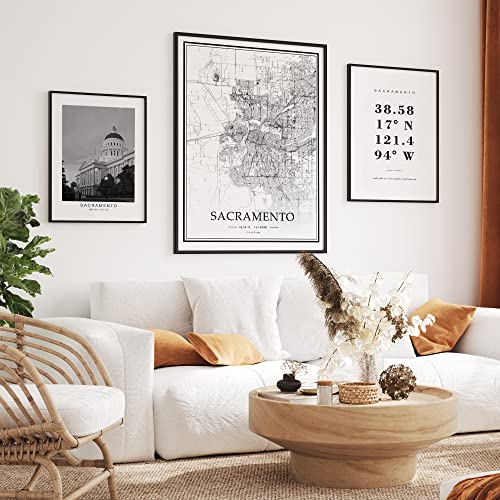 Dear Mapper Sacramento United States View Abstract Road Modern Map Art Minimalist Painting Black and White Canvas Line Art Print Poster Art Line Paintings Home Decor (Set of 3 Unframed) (12x16inch)