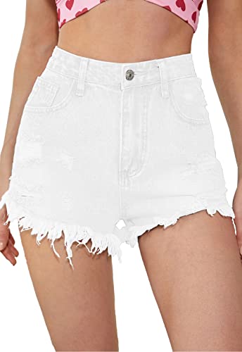 Metietila Women's High Waisted Stretchy Denim Shorts Ripped Raw Hem Summer Jeans Shorts White XX-Large