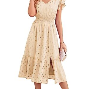 Womens Summer Dresses 2023 V Neck Ruffle Sleeve Polka Dot Dress A-Line Flowy Split Tiered Party Wedding Guest Dress Beige Dress L