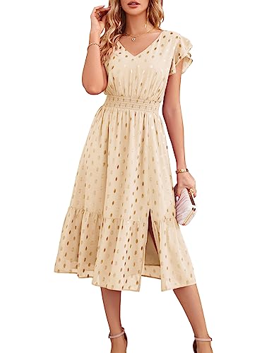 Womens Summer Dresses 2023 V Neck Ruffle Sleeve Polka Dot Dress A-Line Flowy Split Tiered Party Wedding Guest Dress Beige Dress L