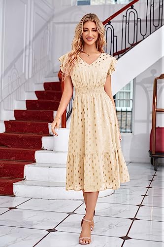 Womens Summer Dresses 2023 V Neck Ruffle Sleeve Polka Dot Dress A-Line Flowy Split Tiered Party Wedding Guest Dress Beige Dress L