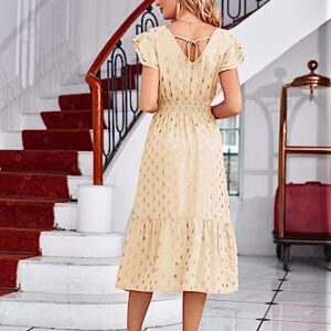 Womens Summer Dresses 2023 V Neck Ruffle Sleeve Polka Dot Dress A-Line Flowy Split Tiered Party Wedding Guest Dress Beige Dress L