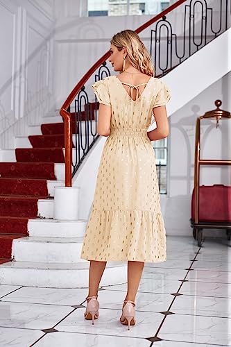 Womens Summer Dresses 2023 V Neck Ruffle Sleeve Polka Dot Dress A-Line Flowy Split Tiered Party Wedding Guest Dress Beige Dress L