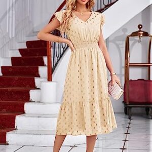 Womens Summer Dresses 2023 V Neck Ruffle Sleeve Polka Dot Dress A-Line Flowy Split Tiered Party Wedding Guest Dress Beige Dress L