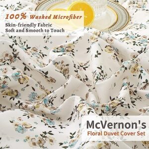 McVernon's Floral Duvet Cover Queen Size 3 Pieces, Flower Queen Duvet Cover with 2 Pillow Shams, Soft Bedding Set for All Season, Breathable, Zipper Closure, Queen(90''x90'')