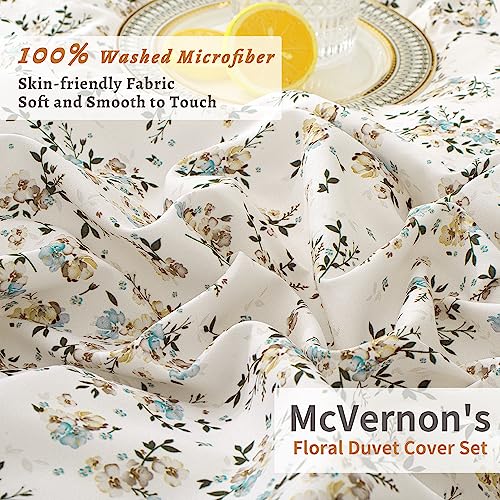 McVernon's Floral Duvet Cover Queen Size 3 Pieces, Flower Queen Duvet Cover with 2 Pillow Shams, Soft Bedding Set for All Season, Breathable, Zipper Closure, Queen(90''x90'')