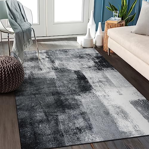 Lahome Modern Washable Living Room Area Rug - 3x5 Throw Soft Small Rugs for Bedroom Non-Slip Stain Resistant Entryway Rug Kitchen Rugs Grey Abstract Print Capet for Office Laundry Room Dining Room