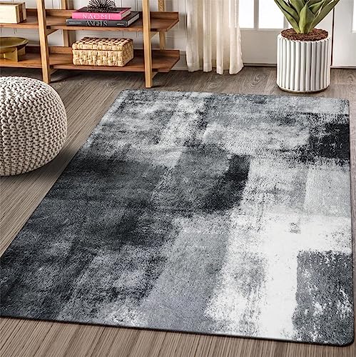 Lahome Modern Washable Living Room Area Rug - 3x5 Throw Soft Small Rugs for Bedroom Non-Slip Stain Resistant Entryway Rug Kitchen Rugs Grey Abstract Print Capet for Office Laundry Room Dining Room