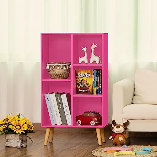 LEYAOYAO 5 Cube Bookshelf, 3-Tier Bookcase with Legs, Pink Kids Book Shelf Cute Storage Organizer, Free Standing Open Toy Shelves Modern Bookshelves,Wood Display Bookcases for Bedroom,Living Room