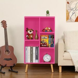 LEYAOYAO 5 Cube Bookshelf, 3-Tier Bookcase with Legs, Pink Kids Book Shelf Cute Storage Organizer, Free Standing Open Toy Shelves Modern Bookshelves,Wood Display Bookcases for Bedroom,Living Room