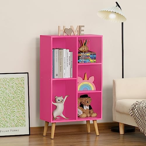 LEYAOYAO 5 Cube Bookshelf, 3-Tier Bookcase with Legs, Pink Kids Book Shelf Cute Storage Organizer, Free Standing Open Toy Shelves Modern Bookshelves,Wood Display Bookcases for Bedroom,Living Room