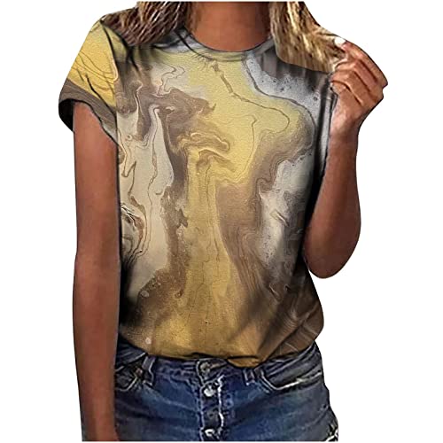 Tuianres Summer T Shirts for Women Graphic Comfy Round Neck Short Sleeve Basic Blouse Cute Gradient Marble Print Top Shirt