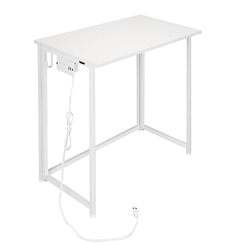 ErgoDesign Folding Computer Desk with Power Outlets for Small Spaces, No-Assembly Space-Saving Home Office Desk, Foldable Computer Table (White)