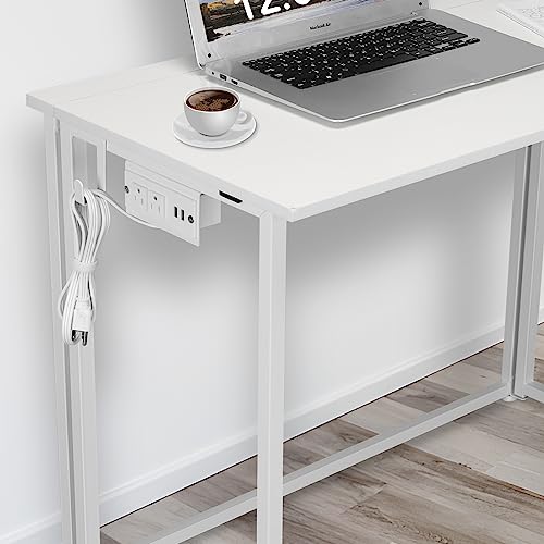 ErgoDesign Folding Computer Desk with Power Outlets for Small Spaces, No-Assembly Space-Saving Home Office Desk, Foldable Computer Table (White)