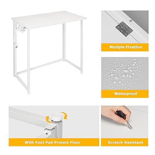 ErgoDesign Folding Computer Desk with Power Outlets for Small Spaces, No-Assembly Space-Saving Home Office Desk, Foldable Computer Table (White)