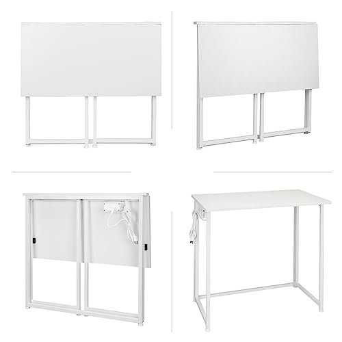 ErgoDesign Folding Computer Desk with Power Outlets for Small Spaces, No-Assembly Space-Saving Home Office Desk, Foldable Computer Table (White)