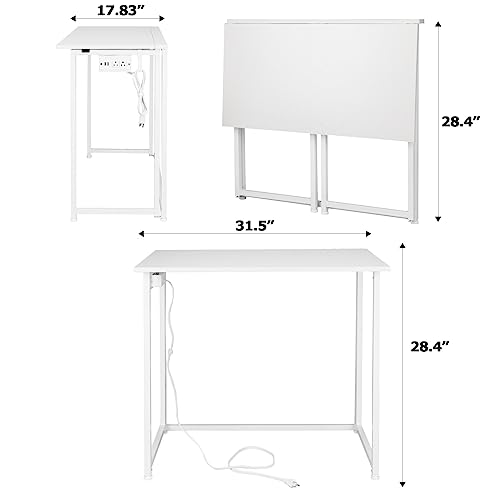 ErgoDesign Folding Computer Desk with Power Outlets for Small Spaces, No-Assembly Space-Saving Home Office Desk, Foldable Computer Table (White)