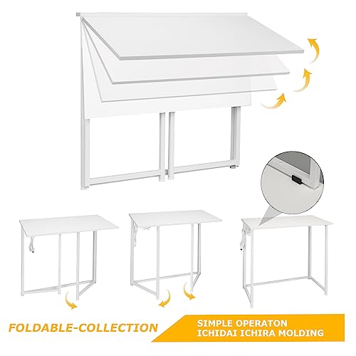 ErgoDesign Folding Computer Desk with Power Outlets for Small Spaces, No-Assembly Space-Saving Home Office Desk, Foldable Computer Table (White)