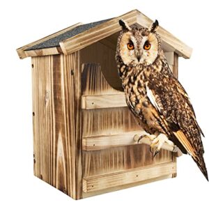 honfenfa owl house ，barn owl bird house,owl nesting box,large handmade wooden rectangular opening bird box,with mounting screws,with mounting screws and a bag of wood shavings, easy assembly required