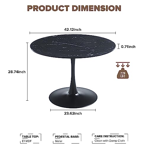 Ufurpie 42" Round Dining Table,Faux Marble Table Top,Black Tulip Table Metal Base Pedestal Table for 4-6 Person,Pre Assembled End Table Leisure Coffee Table