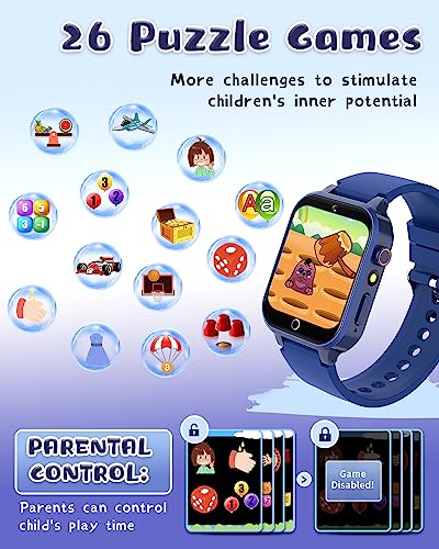 Dolwenqi Kids Smart Watch Boys Toys Age 5-12, 26 Puzzle Games Habit Clock Camera Music Player Flashlight Pedometer 12/24 hr Watches for Kids Birthday Gifts for 6 7 8 9 10 Year Old Boys Girls