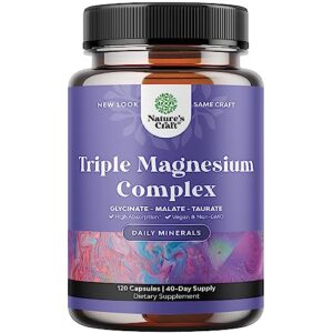 triple magnesium complex supplement 400mg elemental - high absorption magnesium taurate and glycinate plus malate magnesium blend for sleep muscle bone mood and more - non gmo vegan magnesium 400 mg