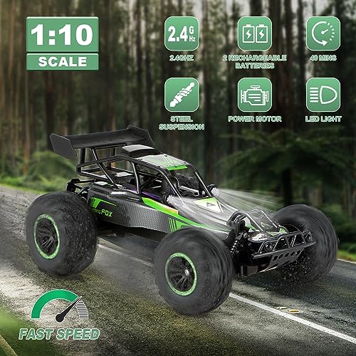 Carox Big Remote Control Car, 1:10 Scale Remote Control Buggy, Outdoor Off-Road Large RC Truck with LED Light-transmitting Shell with 2 Rechargeable Batteries, Remote Control car for Boys 5-12, OX42