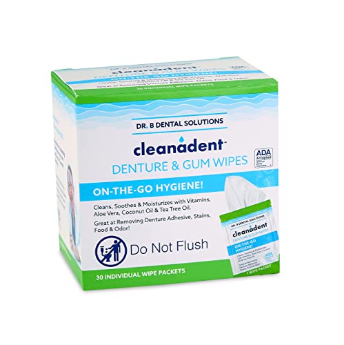 Dr. B Dental Solutions Cleanadent Dental Wipes, Denture Cleaner Removes Adhesives, Food, Stains, and Odor 30 Count Pack of 2