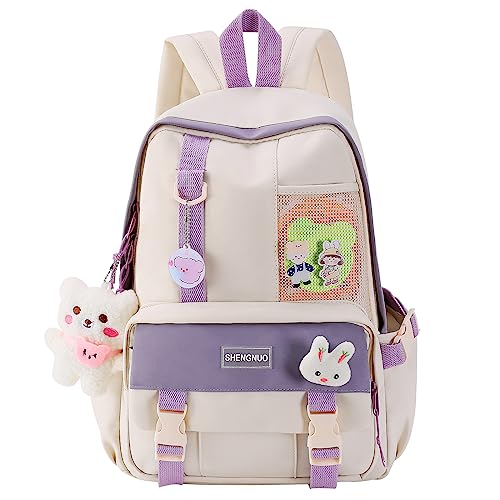 Unineovo Kawaii School Backpack with Cute Pin and Accessories, Lightweight 14 inch Laptop Bag for Teens Girls, Cute School Backpack for Elementary School, Middle School, High School,College (Purple)