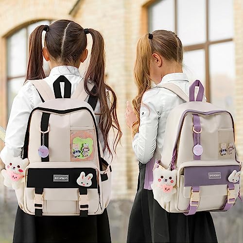 Unineovo Kawaii School Backpack with Cute Pin and Accessories, Lightweight 14 inch Laptop Bag for Teens Girls, Cute School Backpack for Elementary School, Middle School, High School,College (Purple)