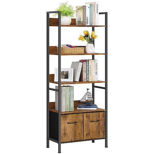 LIANTRAL 5 Tier Bookshelf with Drawers, Tall Bookcase with Shelves, Wood and Metal Book Shelf Storage Organizer, Industrial Display Standing Shelf Unit for Bedroom, Living Room, Office, Rustic Brown