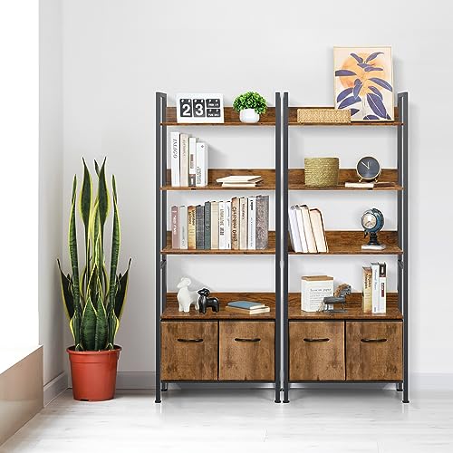 LIANTRAL 5 Tier Bookshelf with Drawers, Tall Bookcase with Shelves, Wood and Metal Book Shelf Storage Organizer, Industrial Display Standing Shelf Unit for Bedroom, Living Room, Office, Rustic Brown