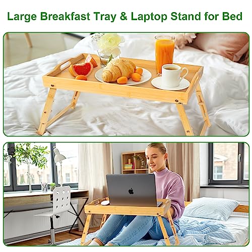 Bellsal Large Bamboo Bed Tray Table, Large Breakfast Tray - 19.7x13 Inch with Adjustable Legs, Multipurpose Serving Tray Use As Portable Laptop Tray, Snack Tray, Platter Tray for Working, Eating