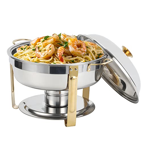 Amhier 5 Qt Chafing Dish Buffet Set with Stainless Steel Lid, Round Chafers and Buffet Warmers Sets with Food and Water Trays for Catering, Parties, Hotels and Weddings, Gold, 1 Pack