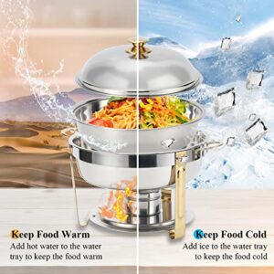 Amhier 5 Qt Chafing Dish Buffet Set with Stainless Steel Lid, Round Chafers and Buffet Warmers Sets with Food and Water Trays for Catering, Parties, Hotels and Weddings, Gold, 1 Pack