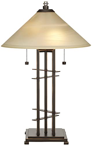 Franklin Iron Works Metro Collection 23 1/2" High Planes 'n' Posts Small Farmhouse Rustic Modern Accent Table Lamps Set of 2 Pull Chain Metal Amber Art Glass Shade Living Room Bedroom Bedside