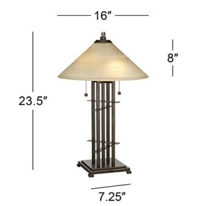 Franklin Iron Works Metro Collection 23 1/2" High Planes 'n' Posts Small Farmhouse Rustic Modern Accent Table Lamps Set of 2 Pull Chain Metal Amber Art Glass Shade Living Room Bedroom Bedside