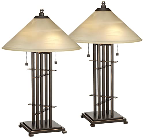 Franklin Iron Works Metro Collection 23 1/2" High Planes 'n' Posts Small Farmhouse Rustic Modern Accent Table Lamps Set of 2 Pull Chain Metal Amber Art Glass Shade Living Room Bedroom Bedside