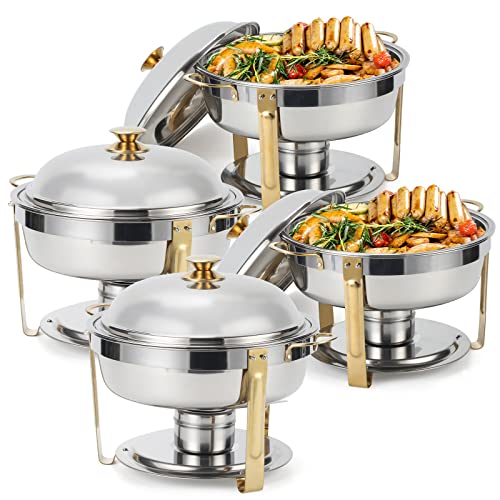 Amhier 5 Qt Chafing Dish Buffet Set with Stainless Steel Lid, Round Chafers and Buffet Warmers Sets with Food and Water Trays for Catering, Parties, Hotels and Weddings, Gold, 4 Pack