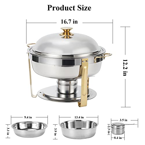 Amhier 5 Qt Chafing Dish Buffet Set with Stainless Steel Lid, Round Chafers and Buffet Warmers Sets with Food and Water Trays for Catering, Parties, Hotels and Weddings, Gold, 4 Pack