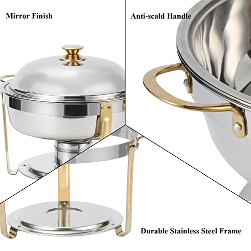 Amhier 5 Qt Chafing Dish Buffet Set with Stainless Steel Lid, Round Chafers and Buffet Warmers Sets with Food and Water Trays for Catering, Parties, Hotels and Weddings, Gold, 4 Pack