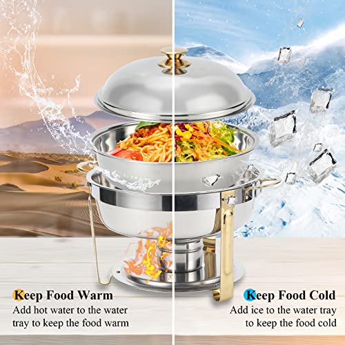 Amhier 5 Qt Chafing Dish Buffet Set with Stainless Steel Lid, Round Chafers and Buffet Warmers Sets with Food and Water Trays for Catering, Parties, Hotels and Weddings, Gold, 4 Pack