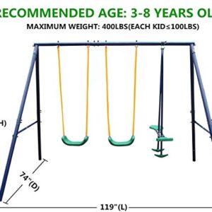 Metal Swing Set Outdoor with Glider for Kids, 2 Seats and 1 Swing Glider, Ages 3-8, Hold up to 440lbs