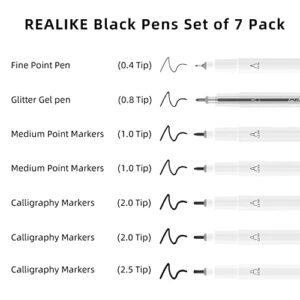 REALIKE Black Pens Set for Cricut Joy, 7 Pack Variety Pens Include Fine Point Pen,Glitter Gel, Marker, Calligraphy Writing Drawing Pens Compatible with Cricut Joy Machine