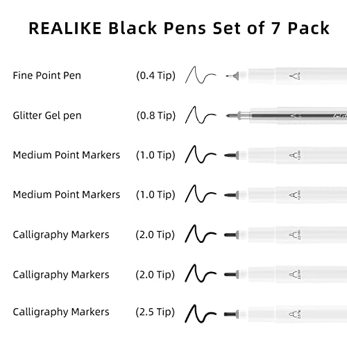 REALIKE Black Pens Set for Cricut Joy, 7 Pack Variety Pens Include Fine Point Pen,Glitter Gel, Marker, Calligraphy Writing Drawing Pens Compatible with Cricut Joy Machine