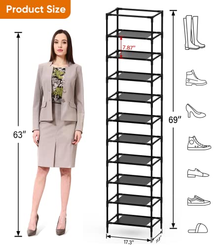 kefron Narrow Shoe Rack Organizer with Oxford Dustproof Cover, 0.13㎡ 10 Tiers 20-22 Pairs Tall Shoe Storage Rack for Closet Enteryway Vertical Shoe Organizer Shell